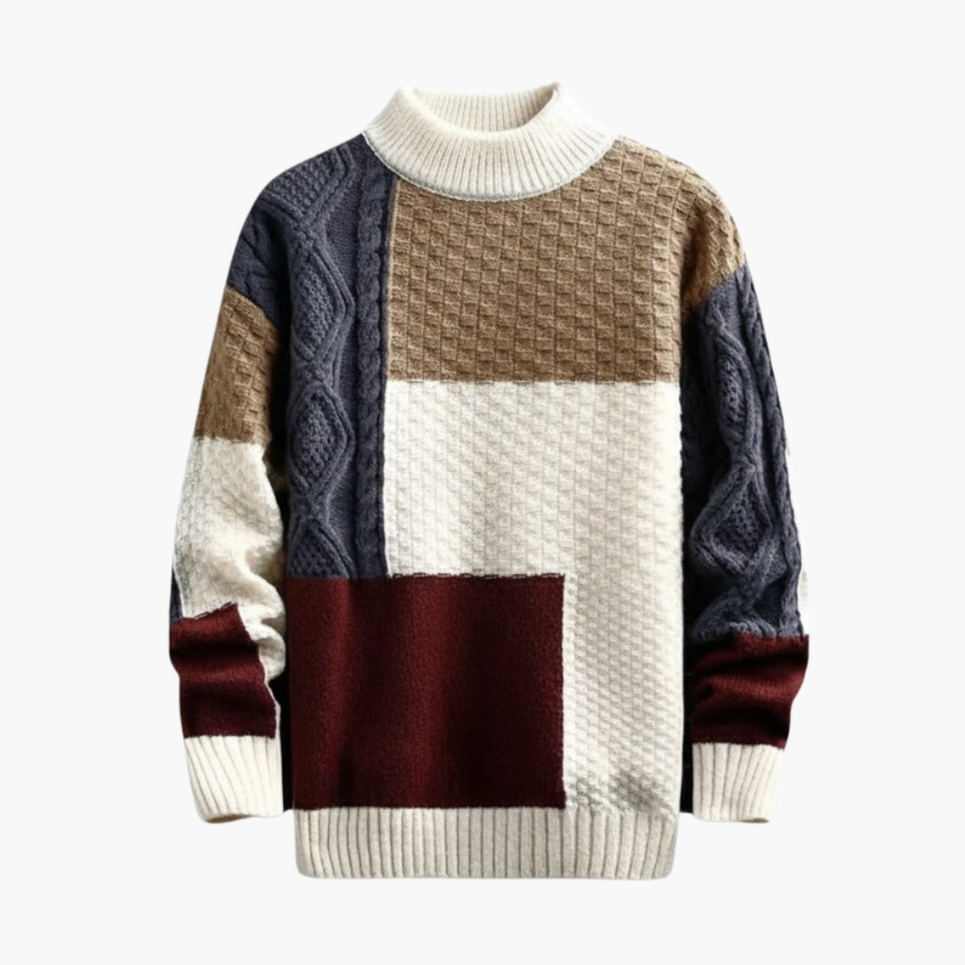 Men’s Patchwork Knit Sweater with Textured Panels and Ribbed Hem - Crew ...