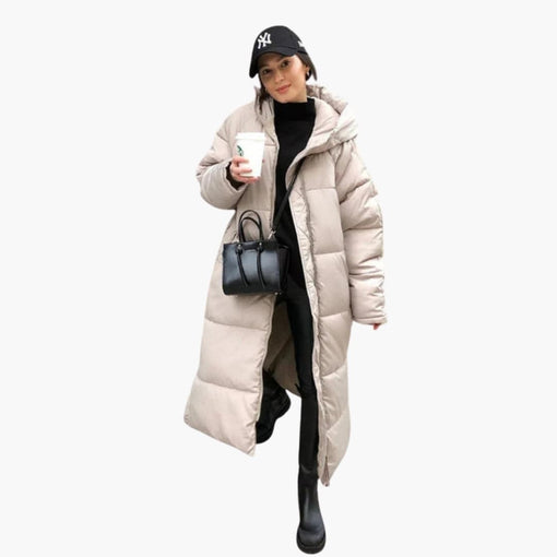 Women’s Long Quilted Jacket with Hood - High Collar - Front Zip - Side ...